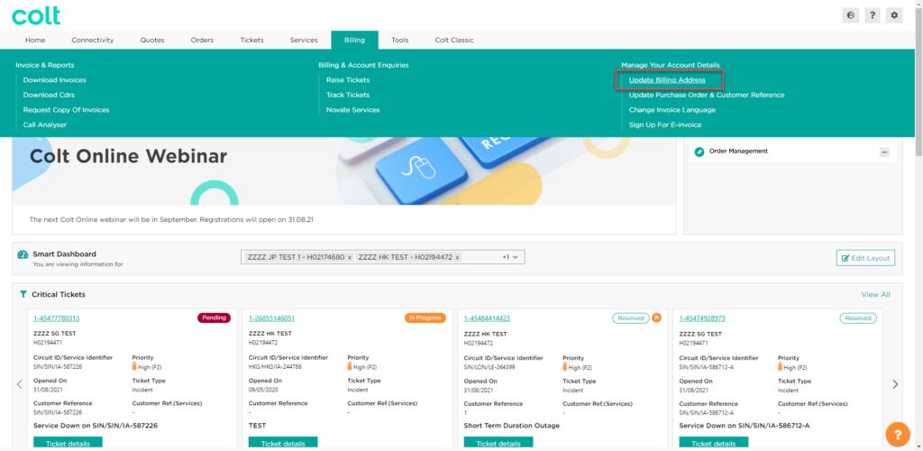How to update a billing address? - Colt Online Help