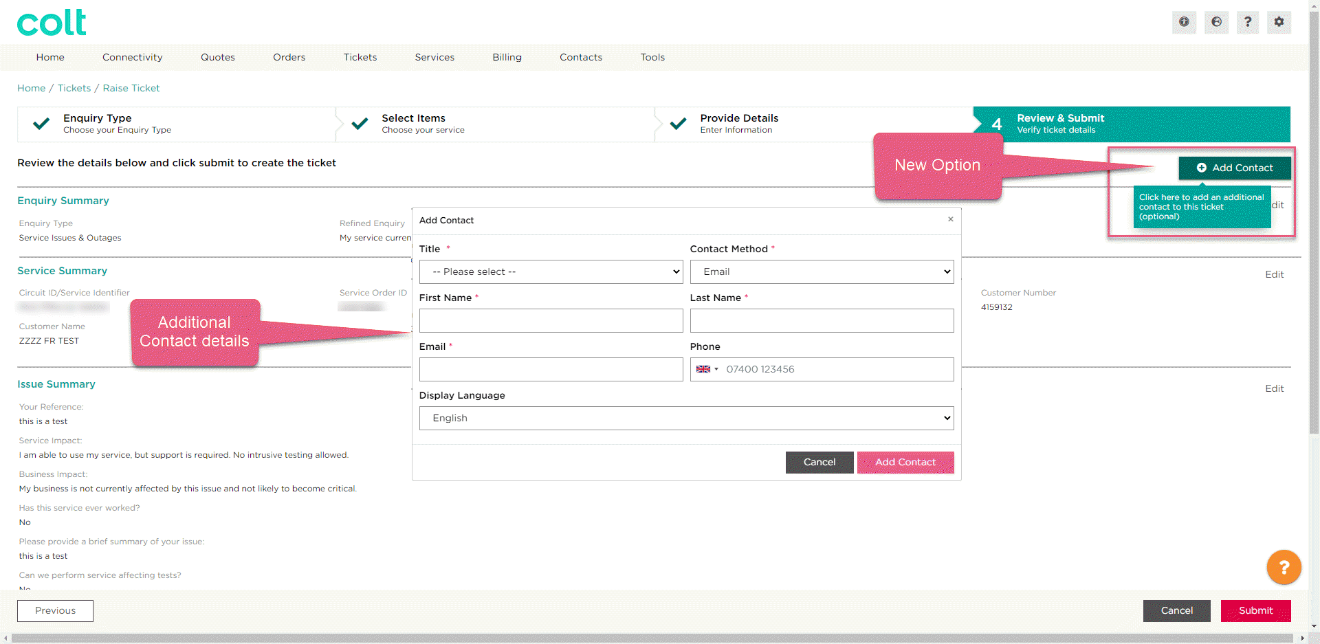 How to add an additional contact while creating a ticket? - Colt Online Help