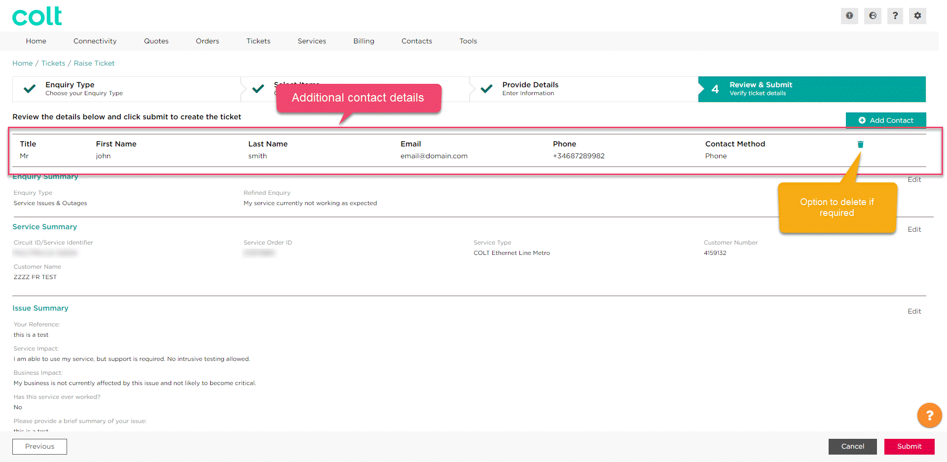 How to add an additional contact while creating a ticket? - Colt Online Help
